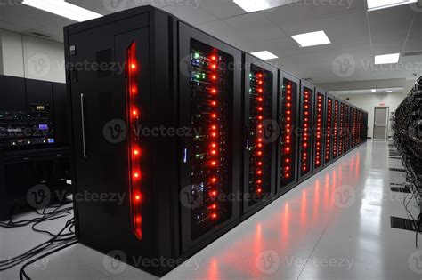 Modern Supercomputer Running Calculations With Glowing Red Lights