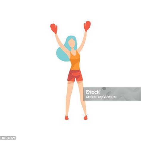 여자 권투 선수 캐릭터 착용 스포츠 유니폼과 장갑 서 있는 그녀의 손 제기 벡터 일러스트 레이 션 경쟁에 대한 스톡 벡터 아트 및 기타 이미지 Istock