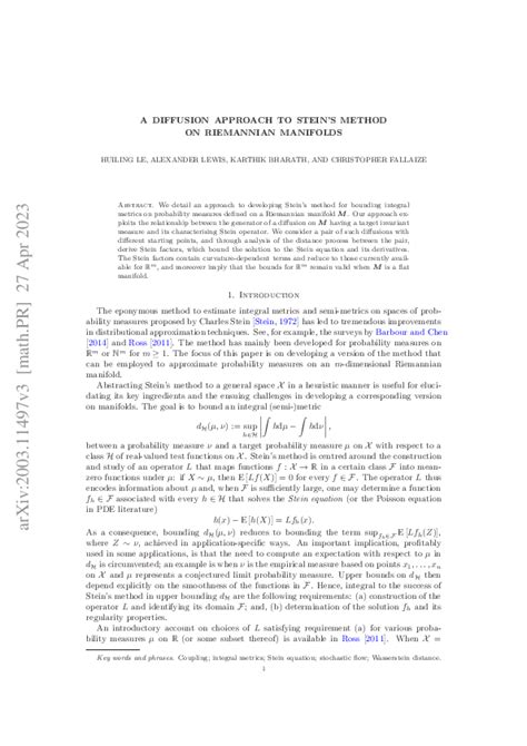 Pdf A Diffusion Approach To Steins Method On Riemannian Manifolds