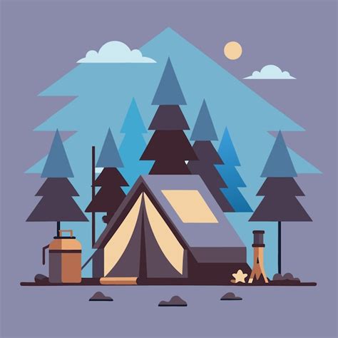 Classic Camping Tent In A Serene Forest Clearing With Surrounding Gear