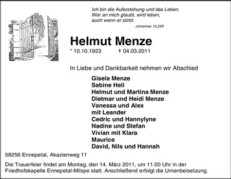 Traueranzeigen Von Helmut Menze Trauer In Nrw De