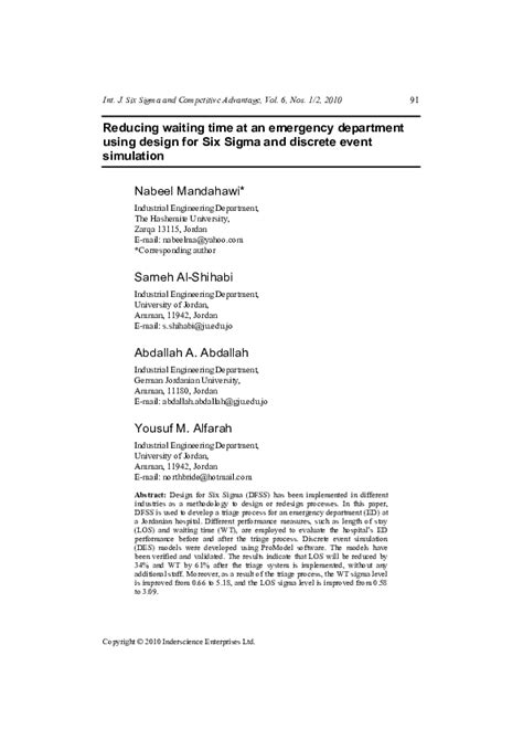 Pdf Reducing Waiting Time At An Emergency Department Using Design For Six Sigma And Discrete