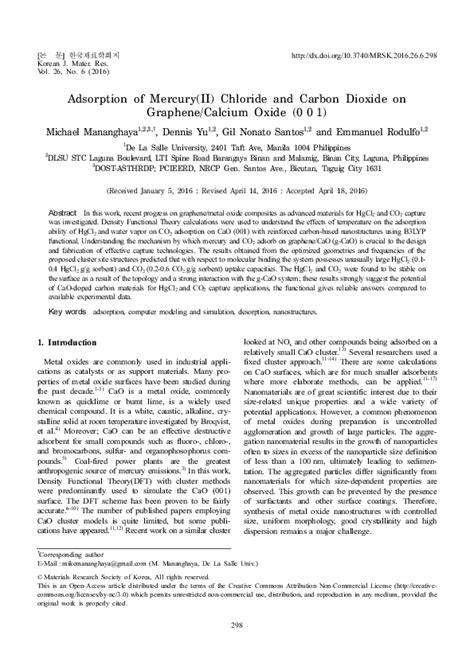 Pdf Adsorption Of Mercury Ii Chloride And Carbon Dioxide On Graphene Calcium Oxide 0 0 1