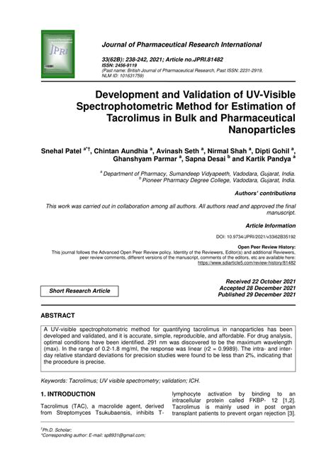Pdf Development And Validation Of Uv Visible Spectrophotometric