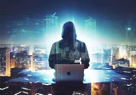Premium Ai Image Hacker Man With Anonymous Mask Using Laptop To Hacking In The Top Building Ai