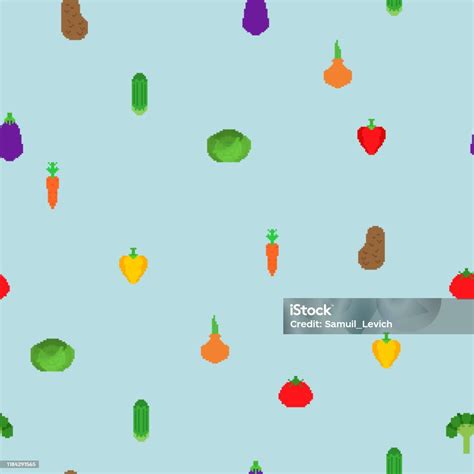 야채 픽셀 아트 패턴이 원활 합니다 8 비트 야채 배경 토마토와 양배추를 픽셀화합니다 피망과 가지 감자 양파 브로콜리 오이와