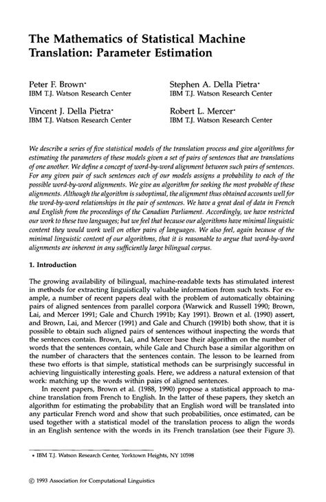 Pdf The Mathematics Of Statistical Machine Translation Parameter Estimation