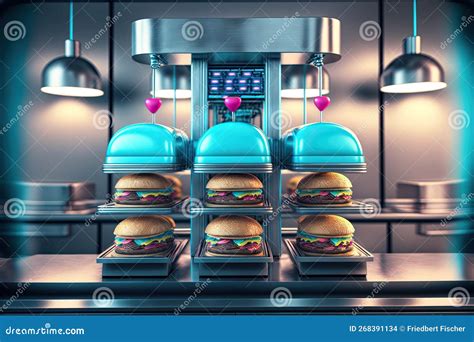 Robotic Assembly Line In Fast Food Restaurant With Matte Stainless