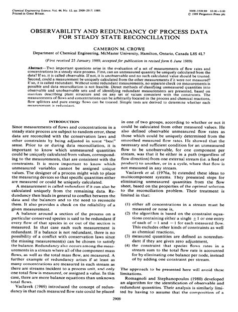 Pdf Observability And Redundancy Of Process Data For Steady State Reconciliation