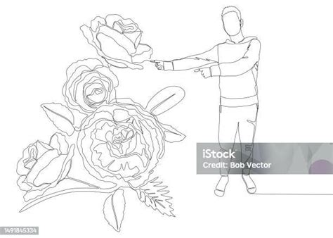 장미를 손가락으로 가리키는 남자의 연속적인 줄 가는 선 그림 벡터 개념입니다 등고선 그리기 창의적인 아이디어 가리키기에 대한 스톡 벡터 아트 및 기타 이미지 Istock