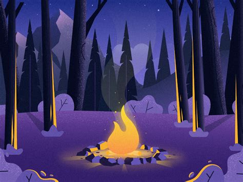 Campfire Illustration In Forest At Night