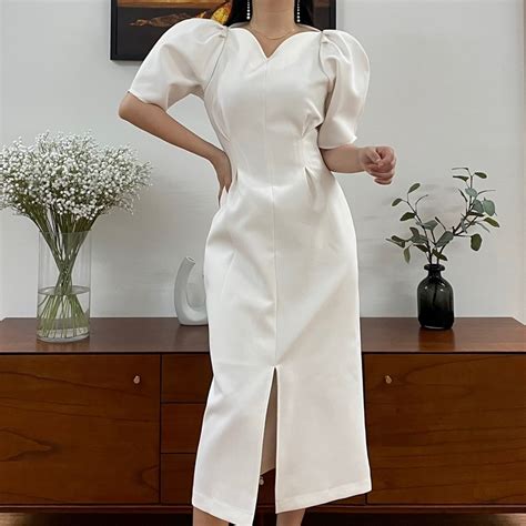 퍼프 핀턱 H라인 미디 롱 원피스 셀프웨딩 브라이덜샤워 돌잔치룩 하객원피스 오피스룩 에이블리