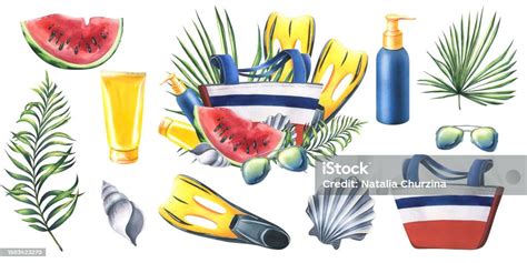 노란색 오리발 자외선 차단제 선글라스 수박 조개껍데기 열대 잎이 있는 줄무늬 비치 백 수채화 그림 손으로 그린 흰색 배경에