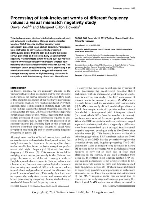Pdf Processing Of Task Irrelevant Words Of Different Frequency Values A Visual Mismatch