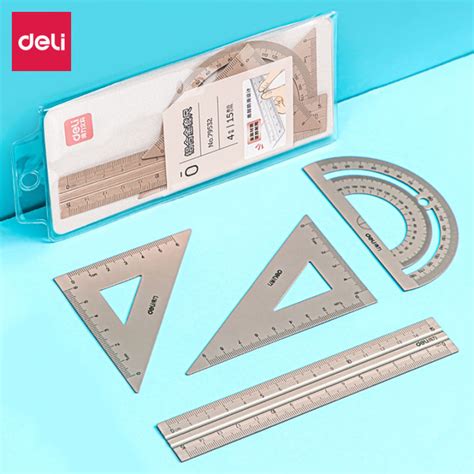 Deli Aluminum Drafting Set 4 Pcs Ruler Set For School Straight Ruler Triangular Protractor