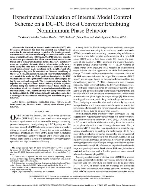 Experimental Evaluation Of Internal Model Control Scheme On A Dcdc Boost Converter Exhibiting