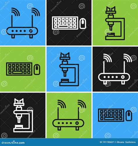 Set Line Router And Wi Fi Signal Microscope And Keyboard And Mouse Icon Vector Stock Vector