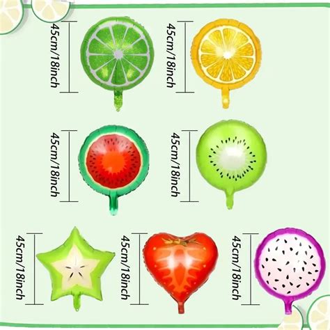 7개의 과일 모양 알루미늄 호일 풍선 세트 만화 수박 오렌지 키위 별과일 딸기 용과 여름 테마 생일 파티 장식 모든 연령과 행사를 위한 혼합 색상 타원형
