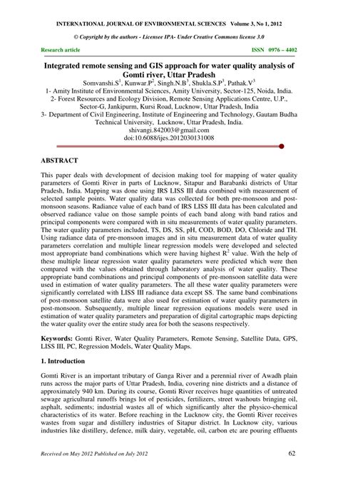 Pdf Integrated Remote Sensing And Gis Approach For Water Quality Analysis Of Gomti River