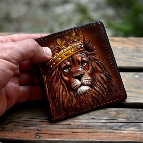 Hand Tooled Leather Lion Wallet Unique Engraved Bifold Wallet Etsy