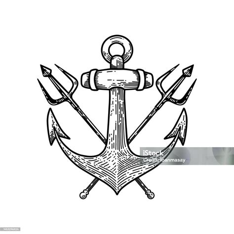 교차된 삼지창이 있는 바다 닻의 그림 기호 엠블럼에 대 한 디자인 요소 벡터 그림 개념에 대한 스톡 벡터 아트 및 기타 이미지 개념 검은색 고대의 Istock