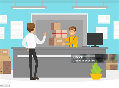 우체국 배달 서비스 사무실 또는 창고 인테리어 벡터 일러스트레이션에서 소포 상자를 받는 남성 고객 독일에 대한 스톡 벡터 아트 및 기타 이미지 Istock