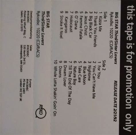 Big Star Third Sister Lovers Cassette Album Promo 1992