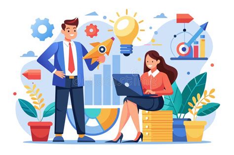 A Man Holds A Model Rocket While A Woman Types On A Laptop Planning A