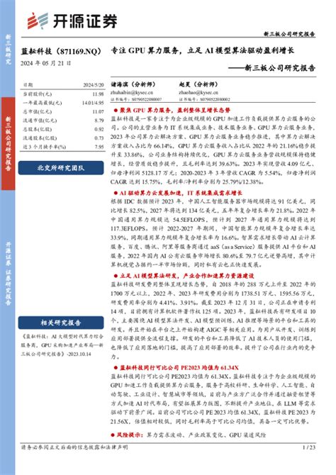 新三板公司研究报告：专注gpu算力服务，立足ai模型算法驱动盈利增长