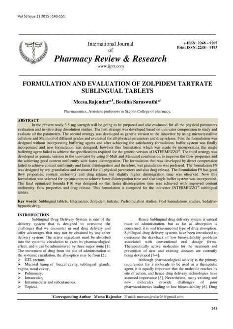 Pdf Formulation And Evaluation Of Zolpidem Tartrate Sublingual Tablets