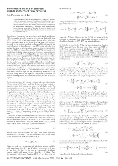 Pdf Performance Analysis Of Selection Decode And Forward Relay Networks