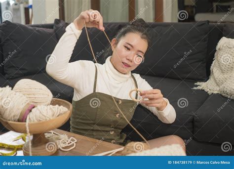 Asian Girl Enjoying Macrame Handcraft Hobby Young Happy And Pretty