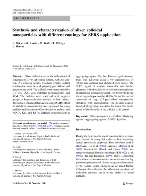 Pdf Synthesis And Characterization Of Silver Colloidal Nanoparticles With Different Coatings