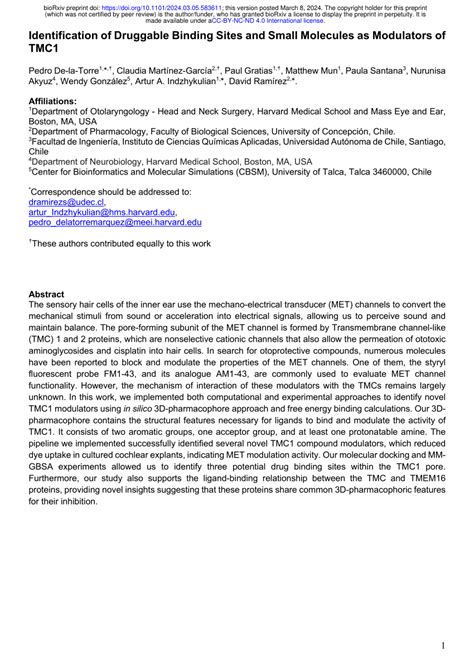 Pdf Identification Of Druggable Binding Sites And Small Molecules As Modulators Of Tmc1