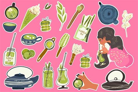 그린 말차 스티커 팩 일본의 차 문화 카드 배너 포스터 엽서 메뉴 포장 브랜드 카페에 대 한 플랫 벡터 일러스트 Washoku에 대한 스톡 벡터 아트 및 기타 이미지