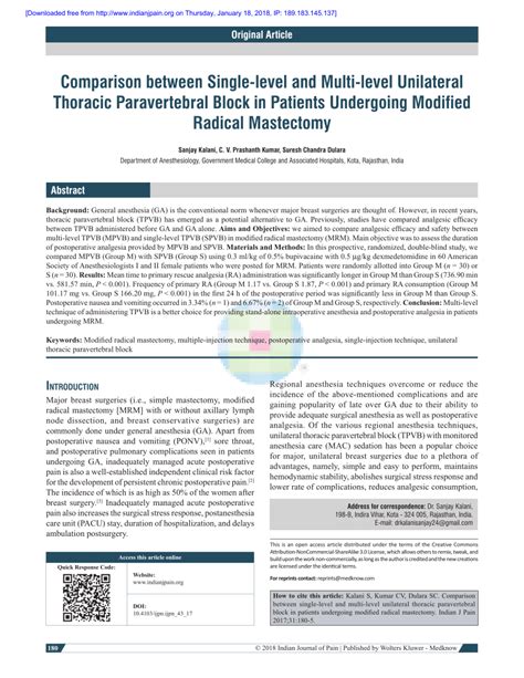 Pdf Comparison Between Single Level And Multi Level Unilateral Thoracic Paravertebral Block In