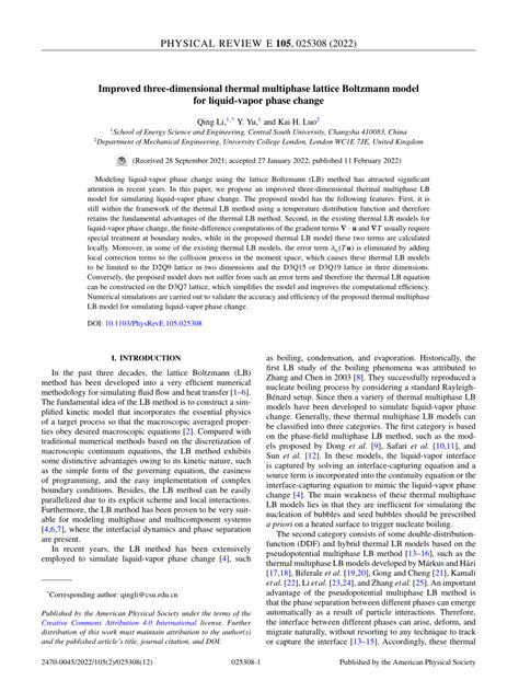 Pdf Improved Three Dimensional Thermal Multiphase Lattice Boltzmann Model For Liquid Vapor