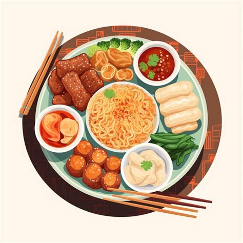 Un Plato De Comida China Con Palillos Y Palillos En él Vector Premium