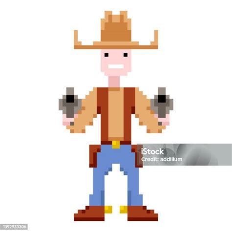 픽셀 아트 카우보이가 총을 들고 있습니다 건슬링어 벡터 일러스트 레이 션 갈색에 대한 스톡 벡터 아트 및 기타 이미지 갈색