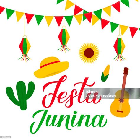 플래그와 종이 등불을 가진 축제 Junina 서 예 레터링 브라질 6 월 페스티벌 페 스타 드 상 주앙 타이포 그래피 포스터 배너 초대장 전단지 등을 위한 템플릿을 쉽게