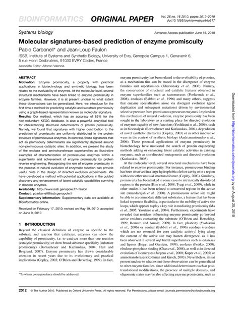 Pdf Molecular Signatures Based Prediction Of Enzyme Promiscuity