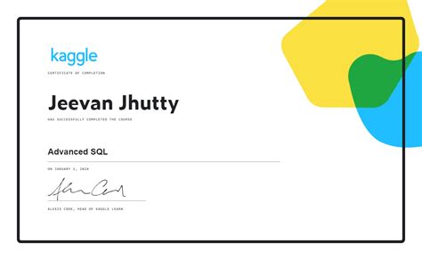 jeevan jhutty completed the advanced sql course on kaggle