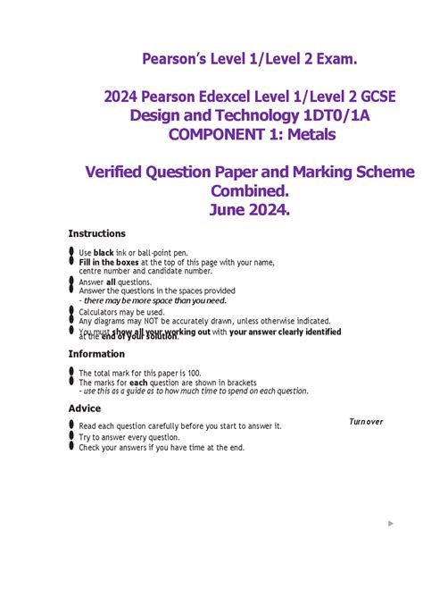2024 Pearson Edexcel Level 1 Level 2 Gcse Design And Technology 1dt0 1a Component 1 Met Exams