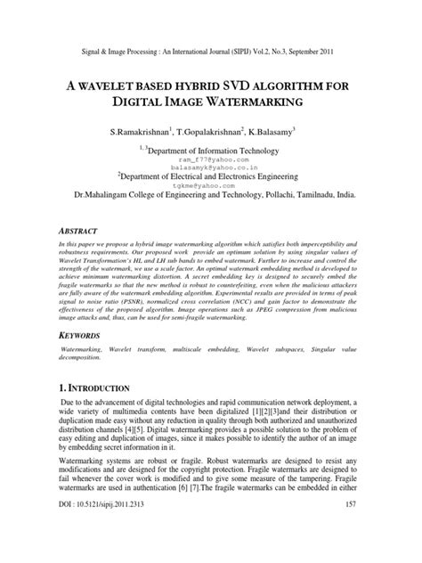 A Wavelet Based Hybrid Svd Algorithm For Digital Image Watermarking Pdf