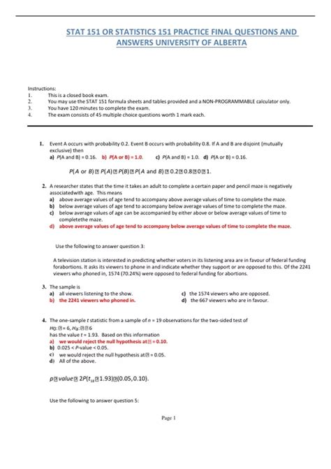 Stat 151 Or Statistics 151 Practice Final Questions And Answers University Of Alberta Stat 151