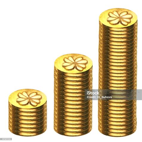 수채화 금색 마법 동전 네 잎 클로버 디자인 금속 반짝이 개별적으로 그리고 빈티지 스타일의 그룹 금융 이익 돈 상업 승리 행운 성 패트릭 데이 디자인 1위에 대한 스톡 벡터