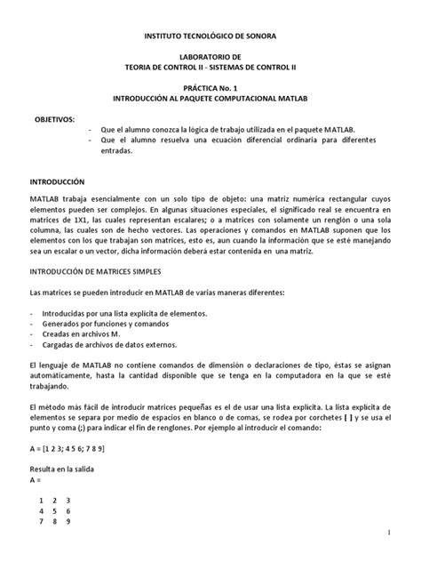 Lab Teoría De Control Ii Práctica 1 Introducción A Matlab Pdf Matriz Matemáticas