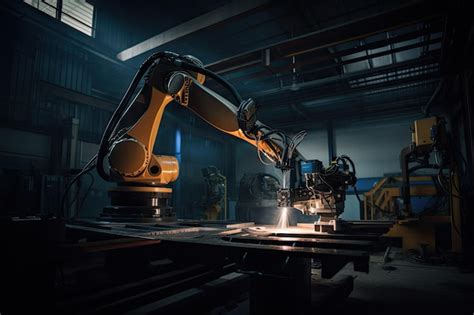 Premium Ai Image Robotic Arm Welding Pipe In Factory Automation Created With Generative Ai