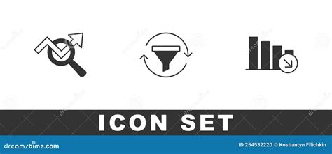 Set Search Data Analysis Sales Funnel With Chart And Financial Growth Decrease Icon Vector