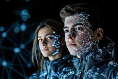 Cybernetic Portrait Of A Young Couple With Digital Brain Visualizations Representing The